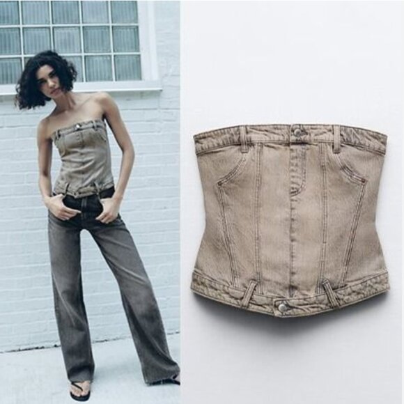Zara | Tops | Nwt Zara Corset Style Denim Top Light Gray | Poshmark